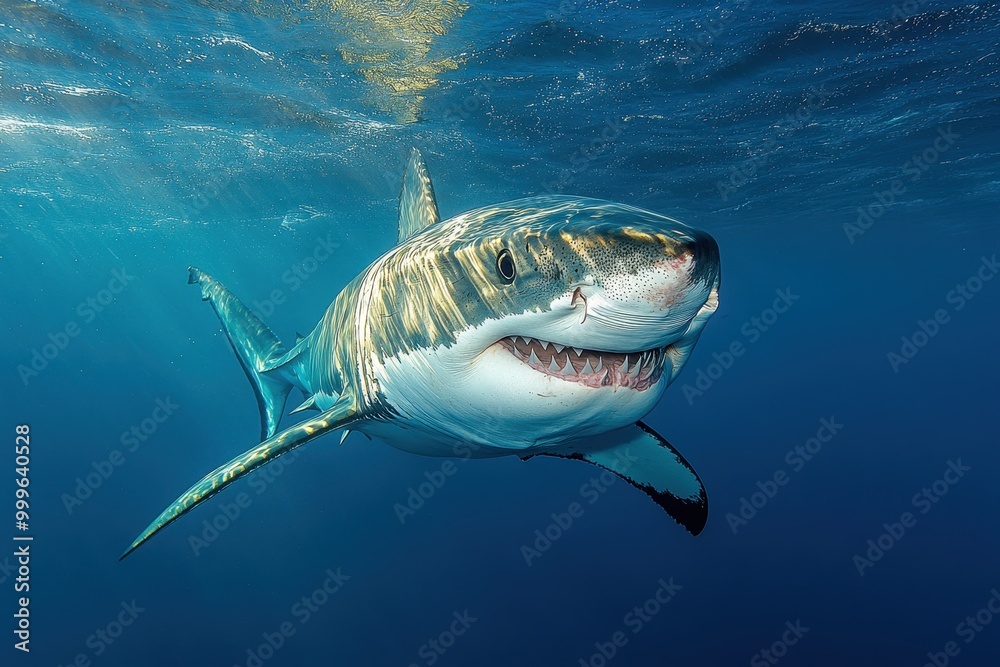 Stunning great white shark swimming in the deep blue ocean, sharp teeth ...