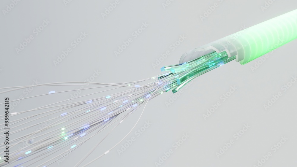 Glowing fiber optic cable transmits data in pulses of light ...