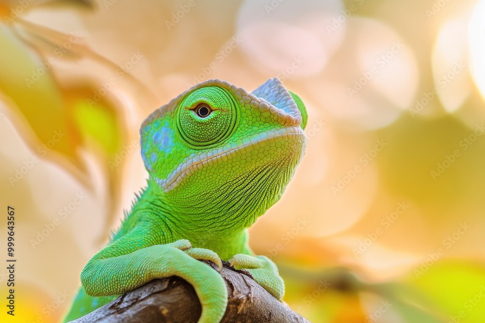 green lizard Yemeni Chamaeleonidae on a branch Close up. handsome cute ...