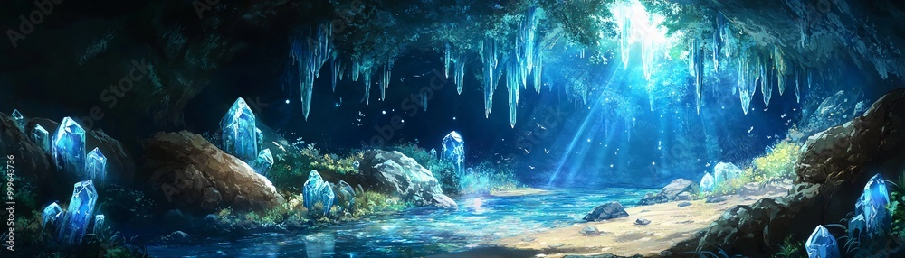 Crystal cavern oasis, a hidden oasis inside a cavern, where crystals ...