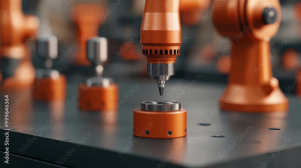 Industrial automation with robotic arm and precision tool in a factory ...