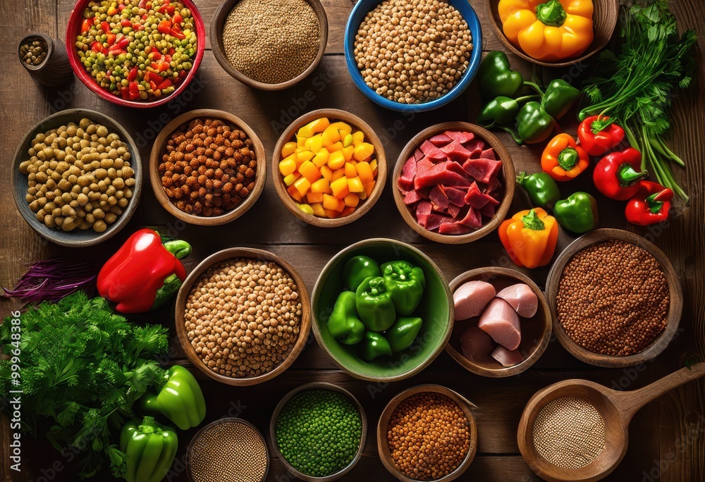 colorful display nutritious dog food ingredients vibrant bowls ...