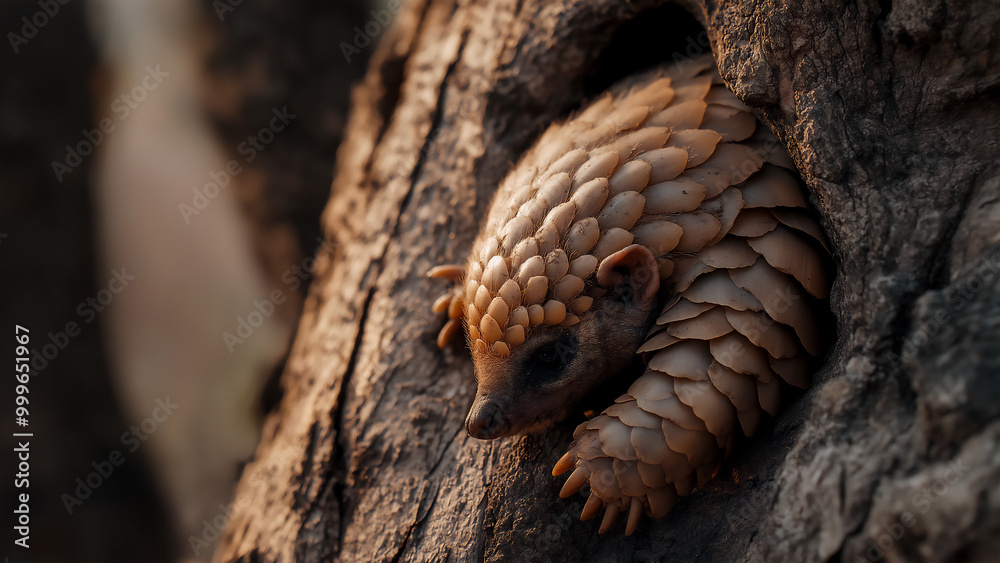 Close-up of a pangolin inside its tree burrow, showcasing the unique ...