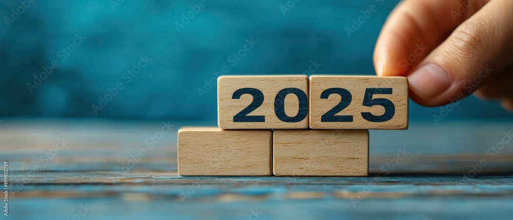 2025 wooden blocks flip change hand blue background. Countdown ...