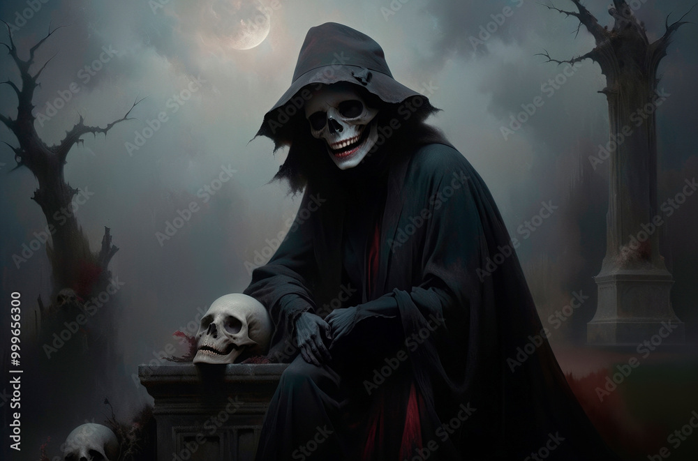 A dead skeletal person with a skull face dressed in a black and red ...