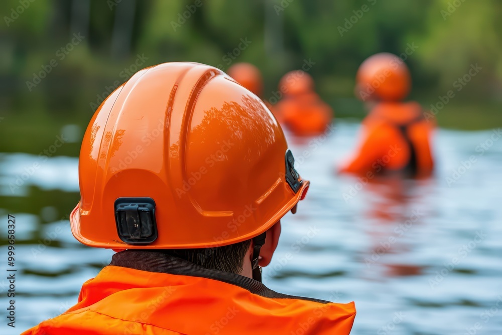 Rescue workers in orange gear navigating through water, focus on helmet ...
