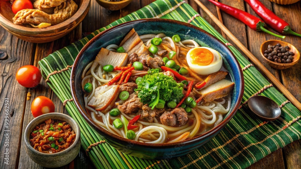A hearty bowl of batchoy, featuring noodles, tender pork, and savory ...