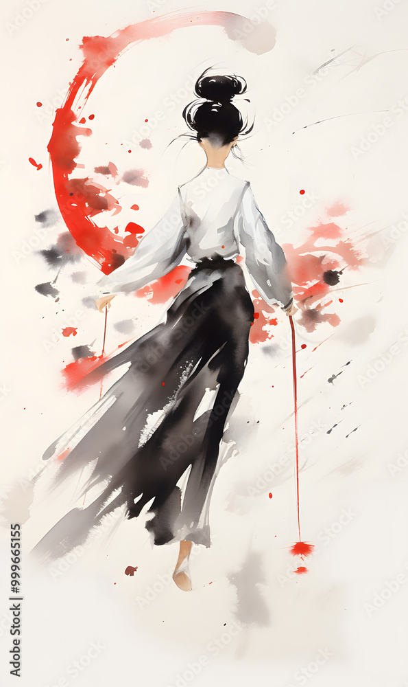 Young Asian woman holding posture Tai Chi exercise. Around the girl is ...