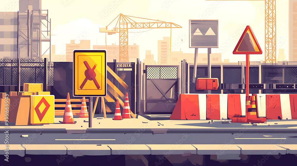 Flat cartoon illustration of a construction site with a crane, fencing ...