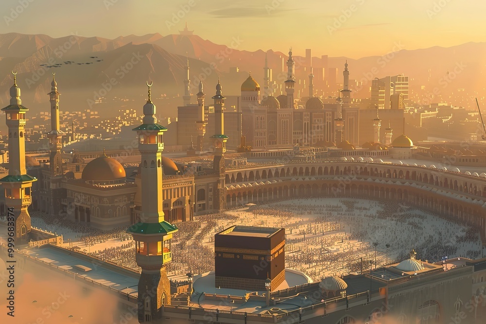 Painting. Drawing of the Kaaba prayer in Mecca, back view. Holy place ...