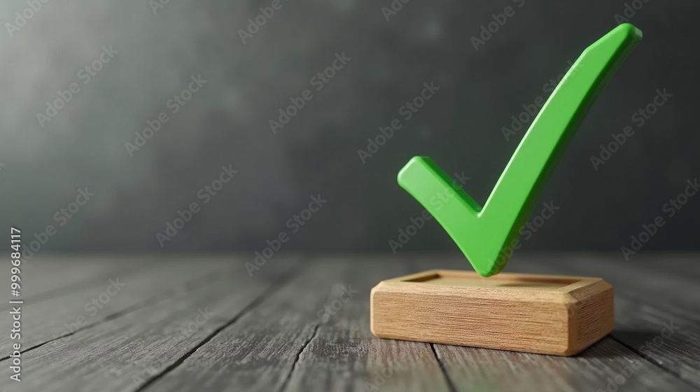 Large green check mark on wooden platform Stock Illustration | Adobe Stock