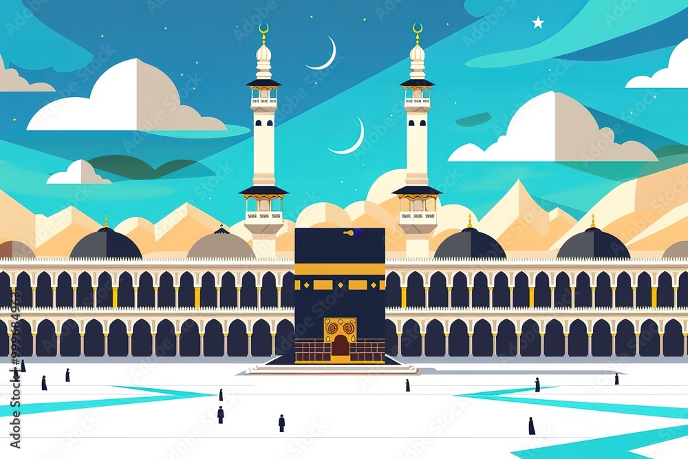 Painting. Drawing of the Kaaba prayer in Mecca, back view. Holy place ...