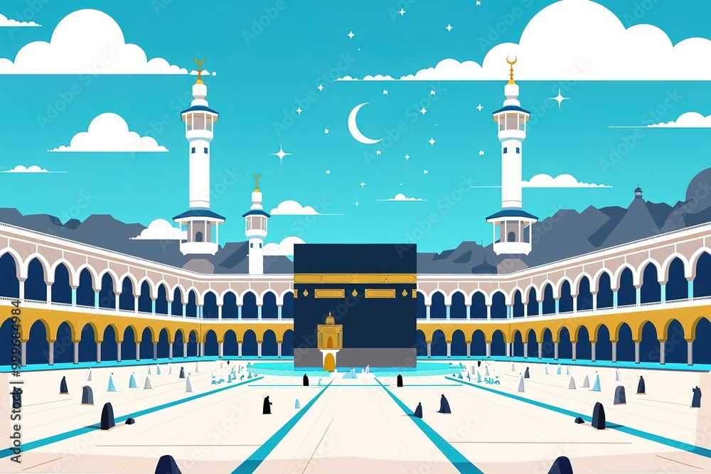 Painting. Drawing of the Kaaba prayer in Mecca, back view. Holy place ...