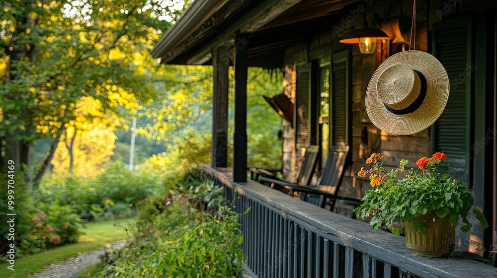 A rustic roadside inn with a charming porch, where an old-fashioned hat ...
