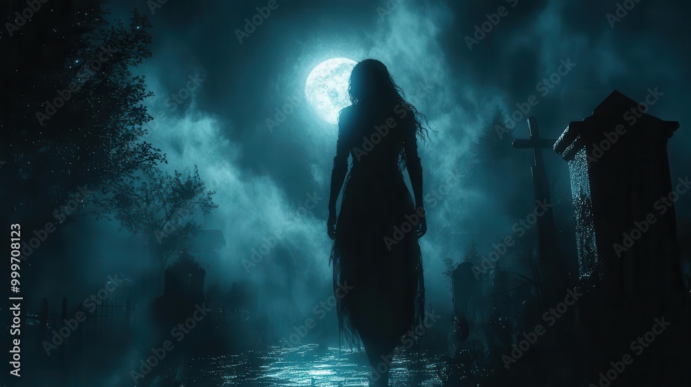 ethereal female ghost apparition misty translucent form haunting gaze ...