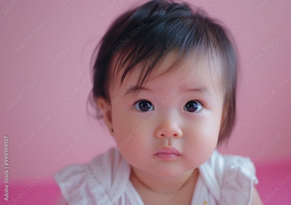 Baby portrait with a soft expression, set against a light pink ...