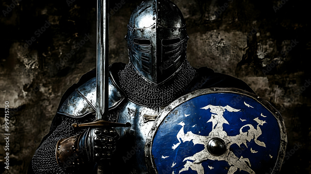 A Medieval Knight Standing in Front of a Stone Wall, Holding a Sword ...