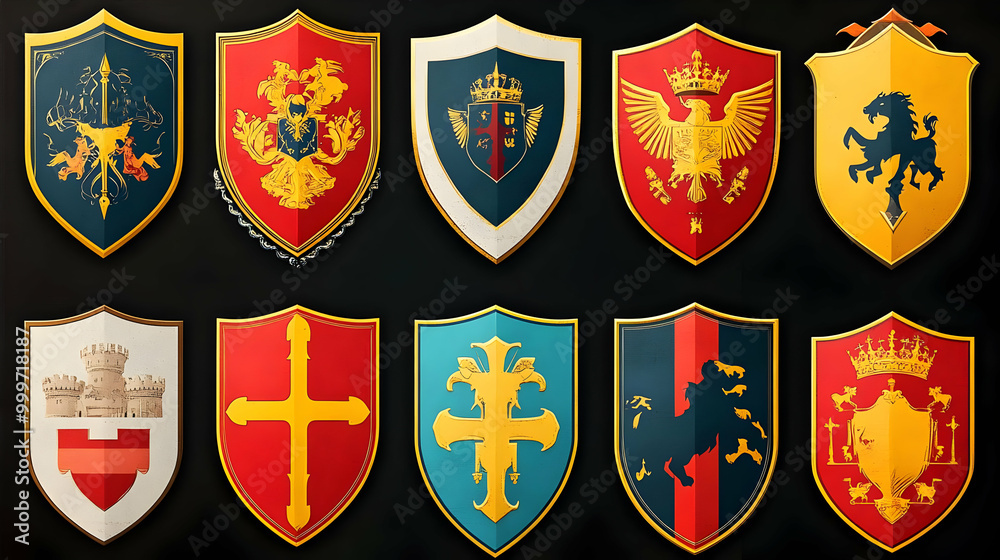 Collection of Medieval Heraldic Shields with Ornate Designs and Crest ...