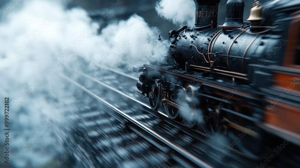 A vintage steam locomotive, billowing thick white steam, swiftly moves ...