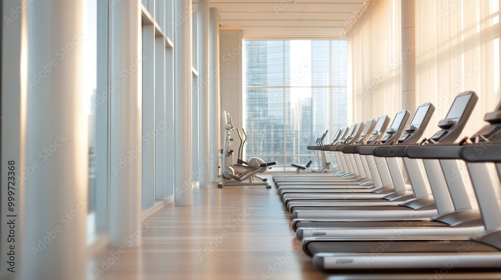 A modern gym setting featuring multiple rows of treadmills and fitness ...