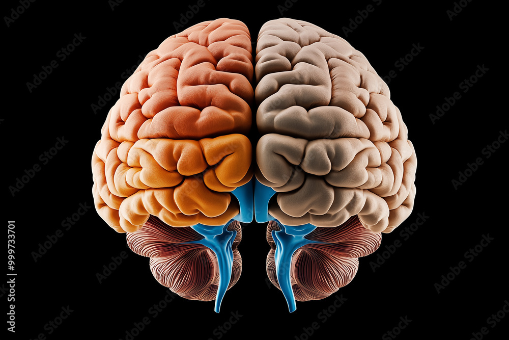 A detailed 3D illustration of the human brain anatomical model, showing ...