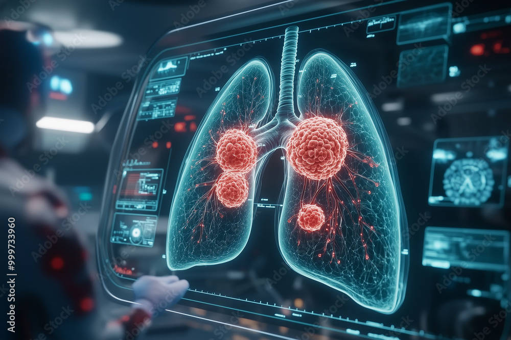 A 3D holographic display of a human lung showing cancerous growths ...