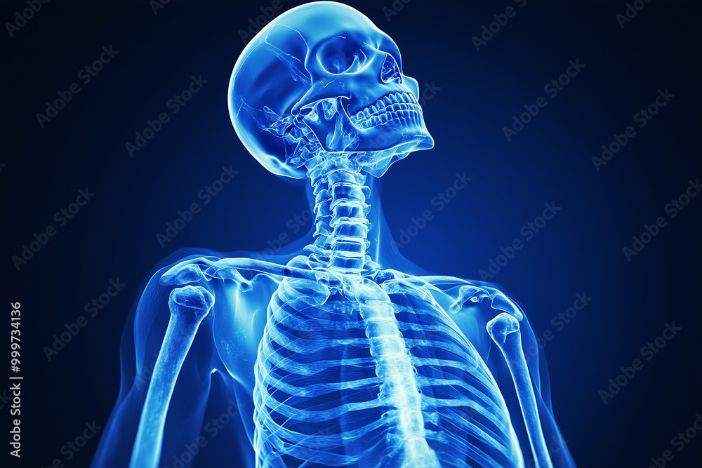 X-ray scan of a human skeleton, showing detailed bone structure with ...