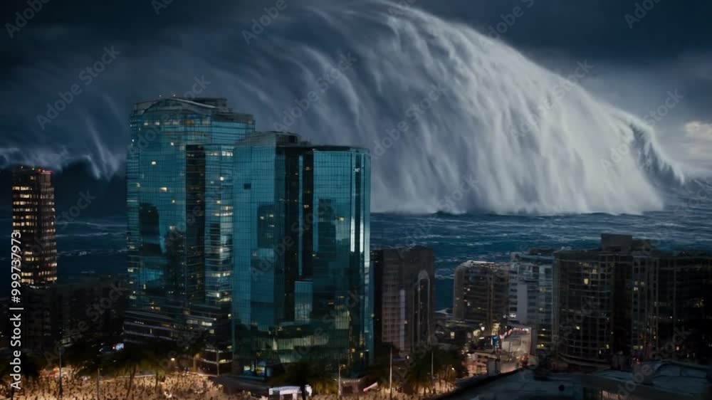 Tsunami Wave Approaching City Skyline. Disaster Concept. Large tsunami ...