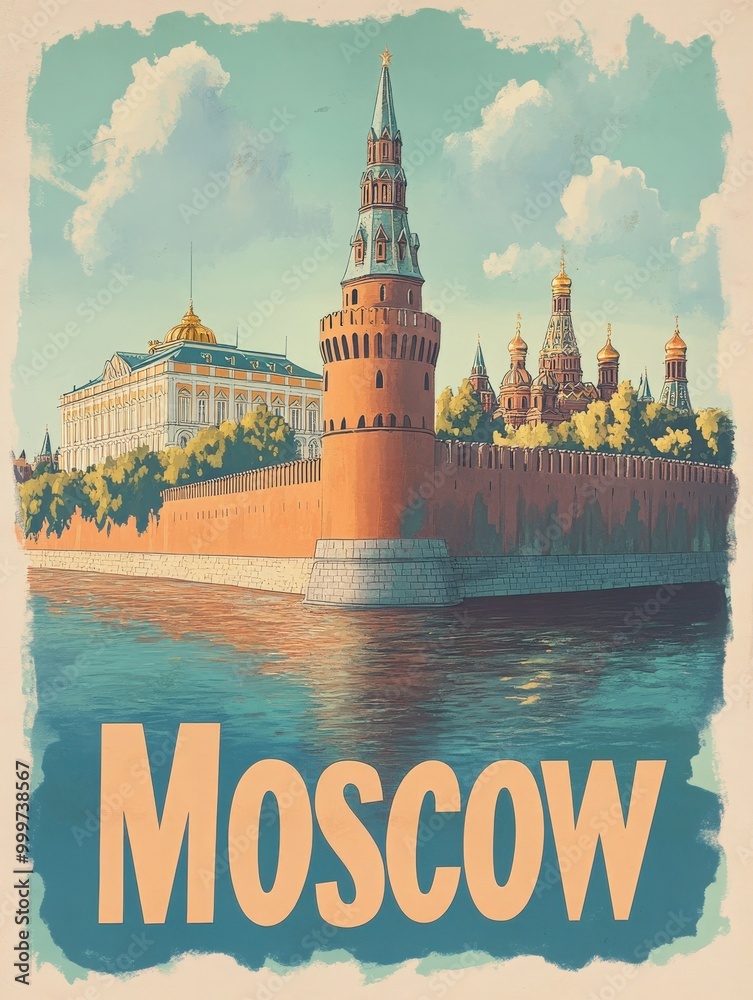 This classic travel poster captures the grandeur of Moscow, showcasing ...
