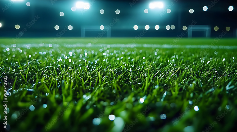 Green grass macro in sports arena with lights background. Close up of ...