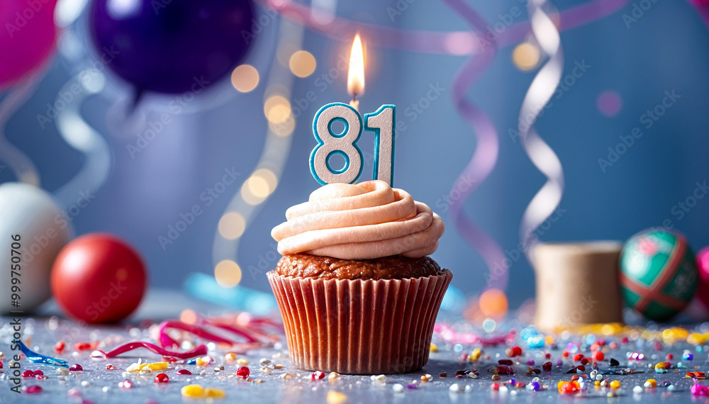Birthday cupcake with burning lit candle with number 81. Number eighty ...