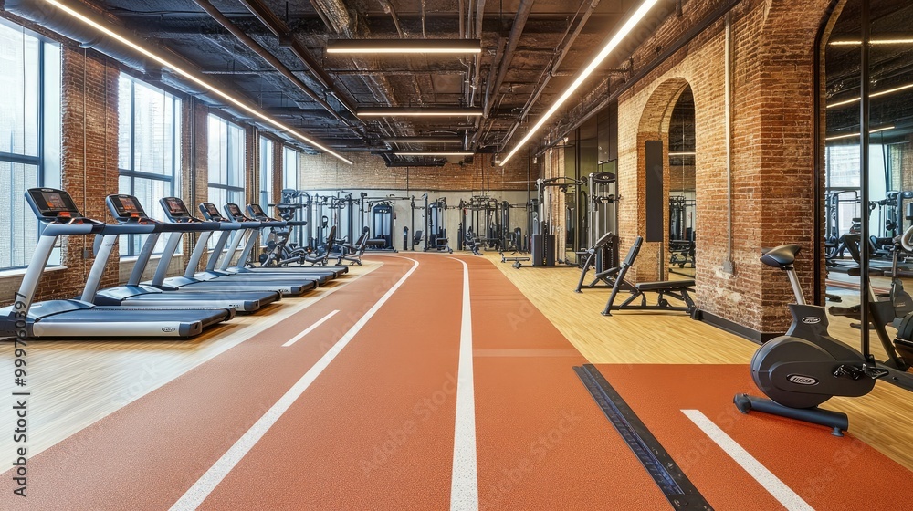 A fitness center with an indoor running track circling the gym floor ...