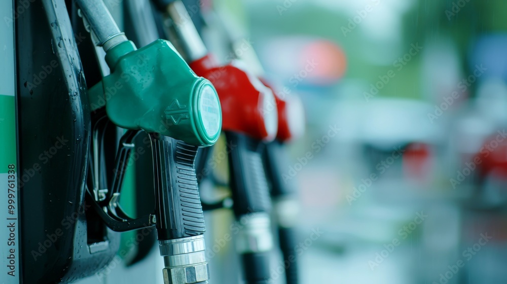 Gas Station Fuel Dispensing Equipment, oil pump and nozzles prominently ...