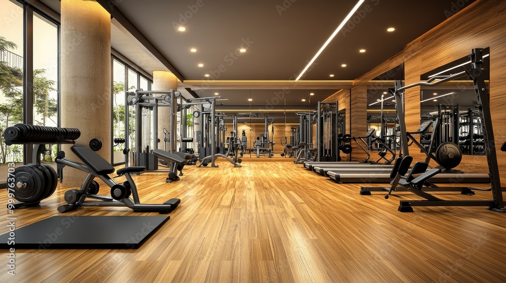 A modern gym interior with state-of-the-art weightlifting equipment ...