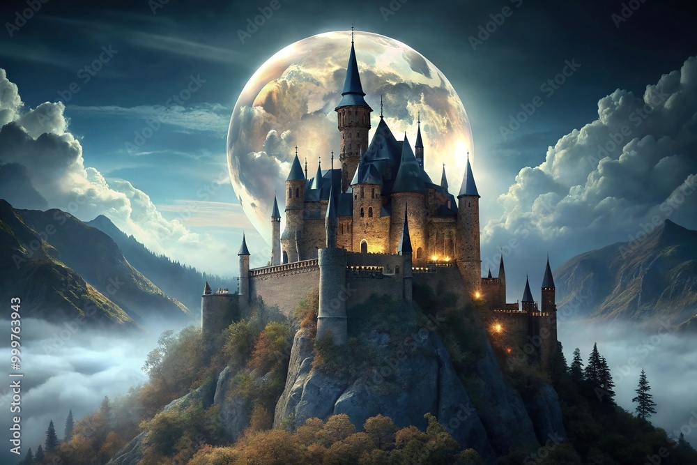 Gothic castle on mountain silhouette under full moon creating a feeling ...