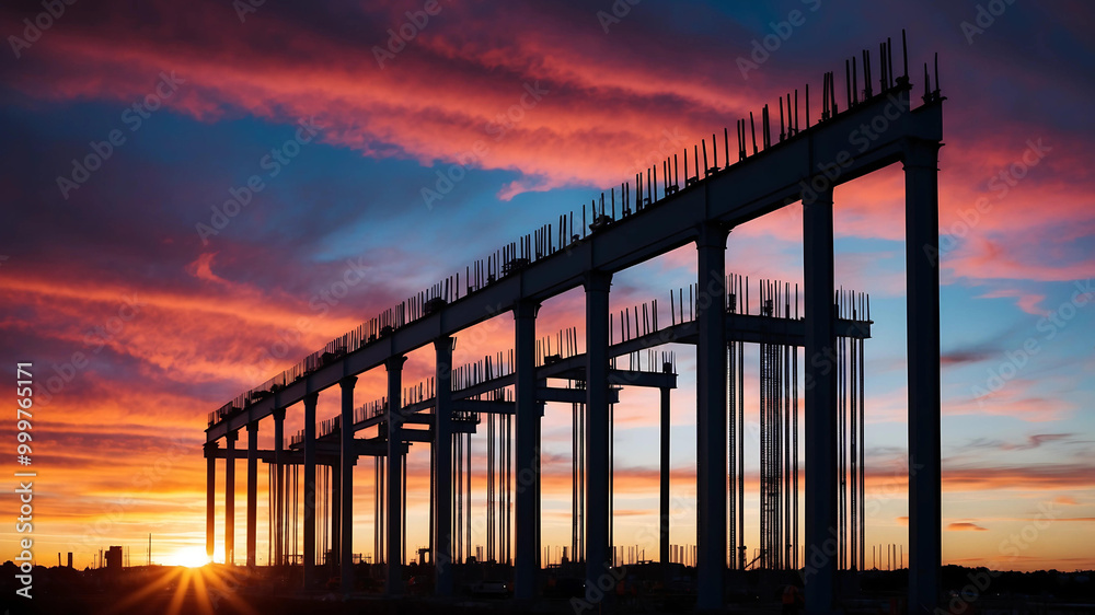 a fiery sunset, the construction site glows. A massive structural steel ...