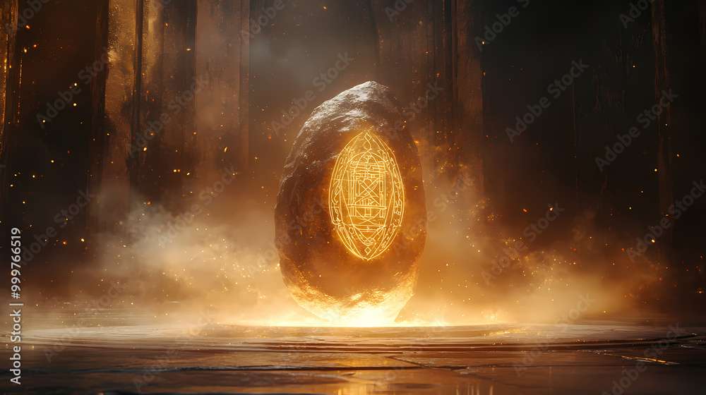 Generative AI, Sacred Rune Stone Surrounded by Golden Mist and Soft ...