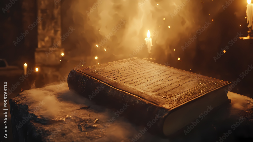 Generative AI, Eerie Fantasy Scene: Spellbook with Flickering Candles ...