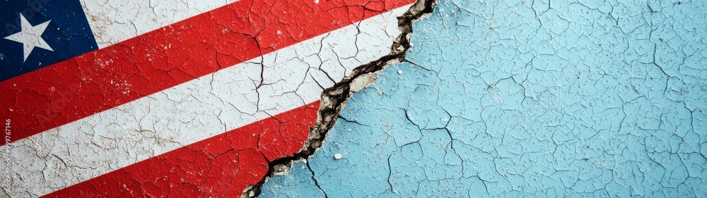 Flags of the United States and Soviet Union on a weathered, cracked ...