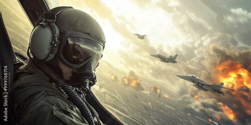 A fighter jet pilot inside the cockpit, wearing a black helmet with a ...
