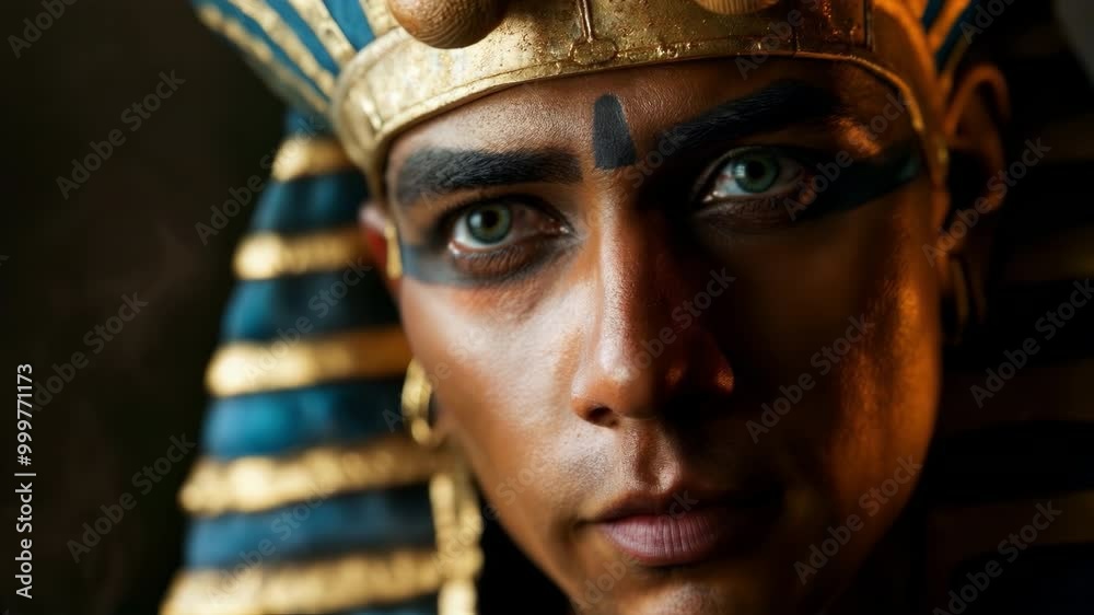 Male pharaoh wearing headdress featuring blue and gold stripes ...