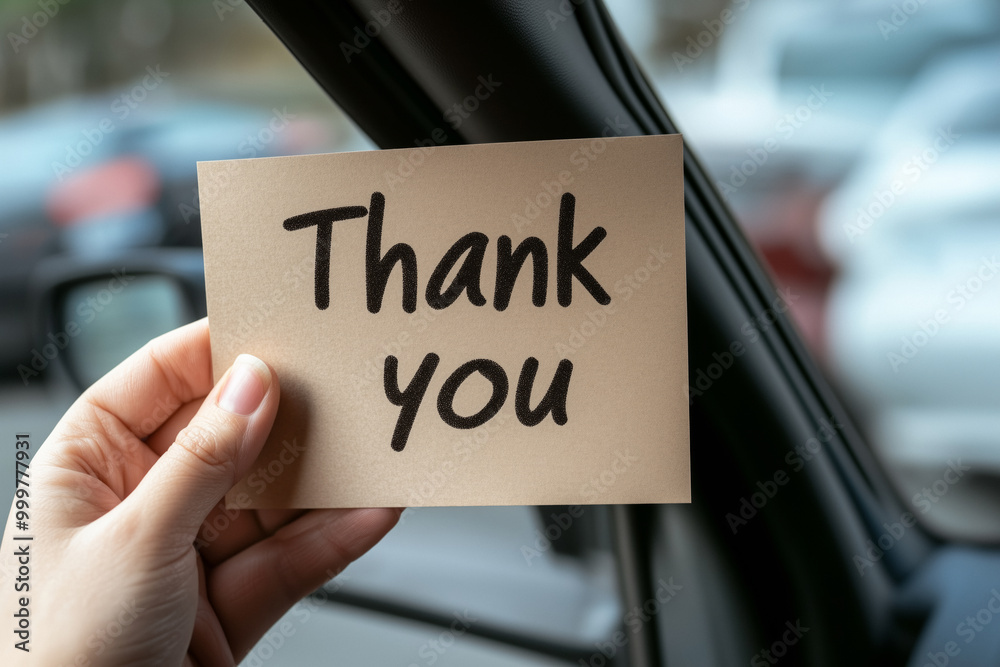 A hand holding a thank you card inside a car with a parking lot visible ...