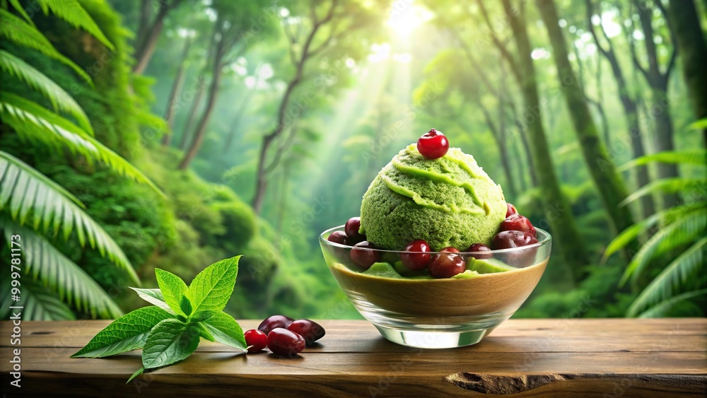Green tea ice cream sundae with mochi leaf and red bean paste in a ...