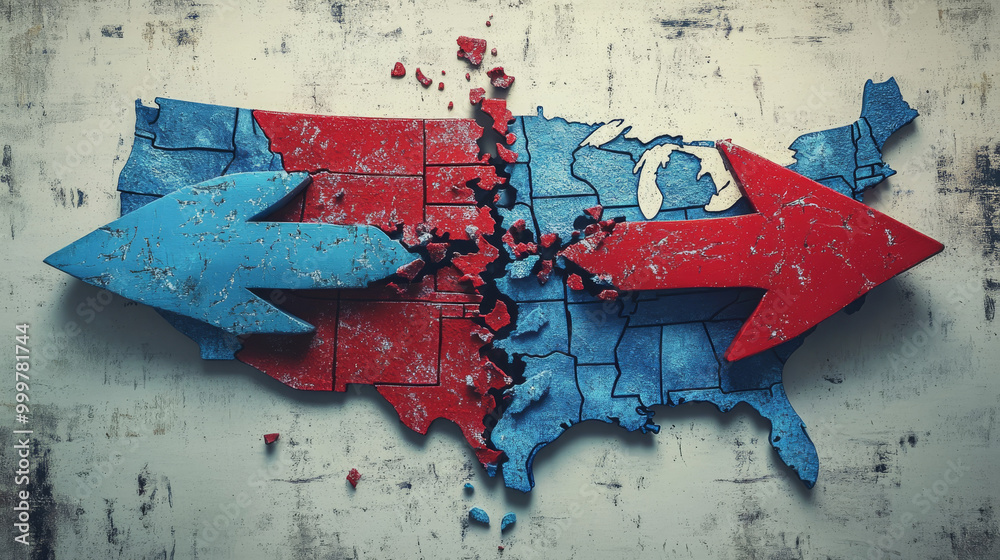 A fragmented USA map shows red and blue states being pulled apart by ...