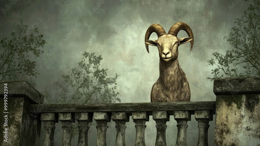 A majestic bronze goat head sculpture elegantly displayed on a refined ...