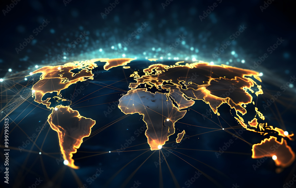 A star-lit world map shows continents and oceans in golden shades in ...