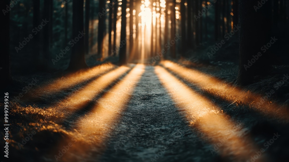 A mysterious forest path is enveloped in mood lighting, with long ...