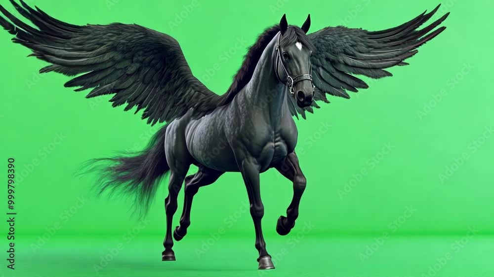 Majestic black pegasus horse with large wings is galloping gracefully ...