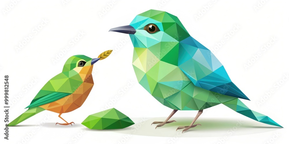 rendering of two low polygon birds with a worm in bright green color ...