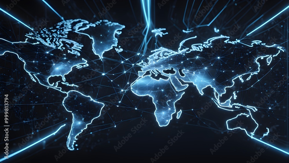 A digital world map with glowing lines connecting the continents ...